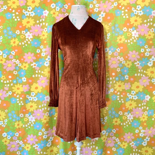vintage 70s rust brown velvet mini dress S/M | eBay