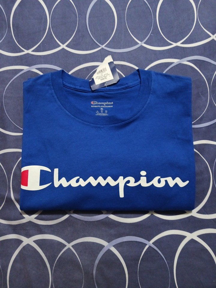New Champion Mens Blue Cotton T-Shirt GT23H Classic Jersey Script Logo ...