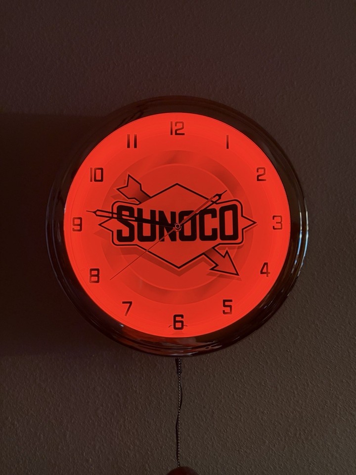 16”Sunoco Oil Vintage Sign Double Red Neon Clock Gasoline Gas Man Cave ...