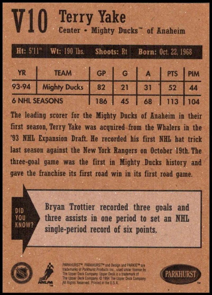 Terry Yake 1994-95 Parkhurst Vintage #V10 Ducks (BOX 44) ID:17657 | eBay