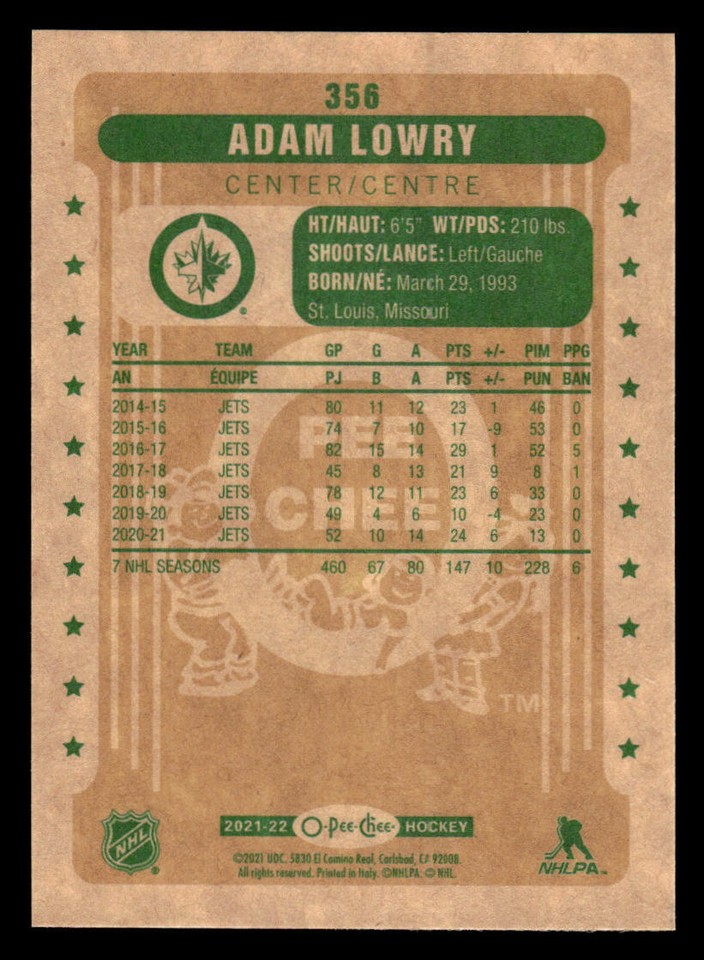Adam Lowry 2021-22 O-Pee-Chee Retro Blank Back #NNO | eBay
