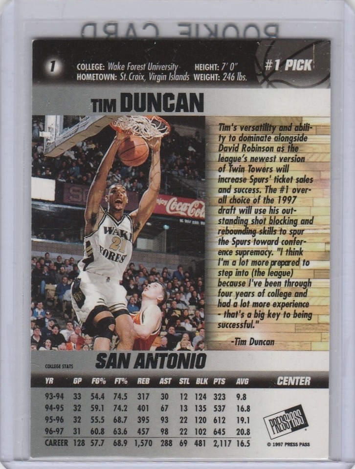 TIM DUNCAN ROOKIE CARD San Antonio Spurs Wake Forest 1997 BASKETBALL ...