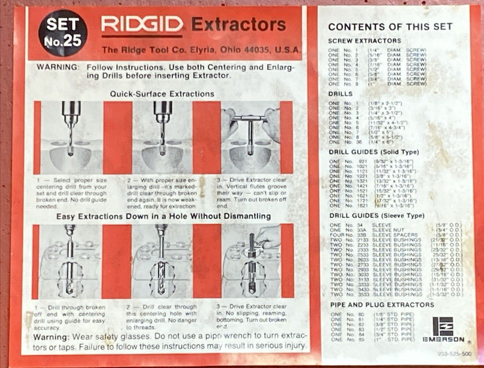 Ridgid No. 25 Broken Bolt Extractors Set, Wood Storage Made In USA | eBay