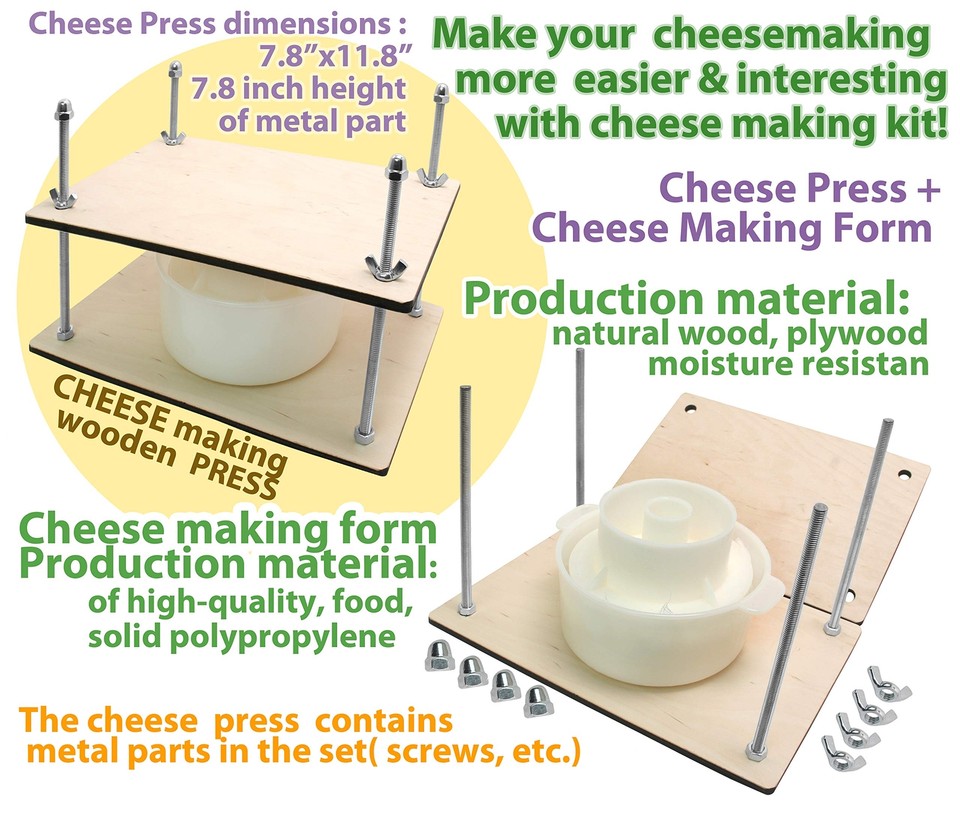 Wooden Cheese Press for Cheese Making Supplies 12 in Metal Guides and ...