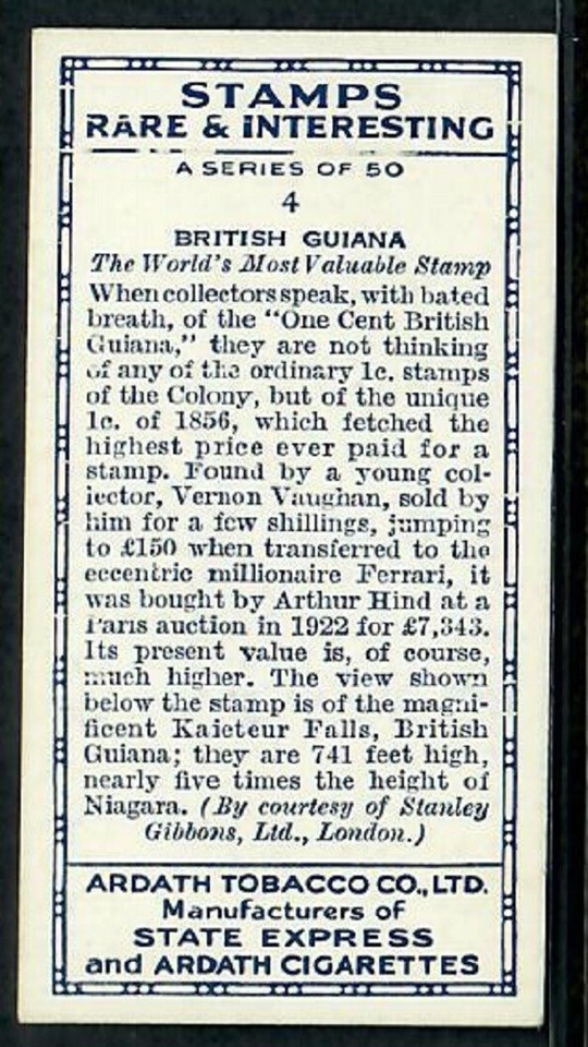 UK Vintage c1939 Cinderella Cigarette Card: World's Most Valuable Stamp ...