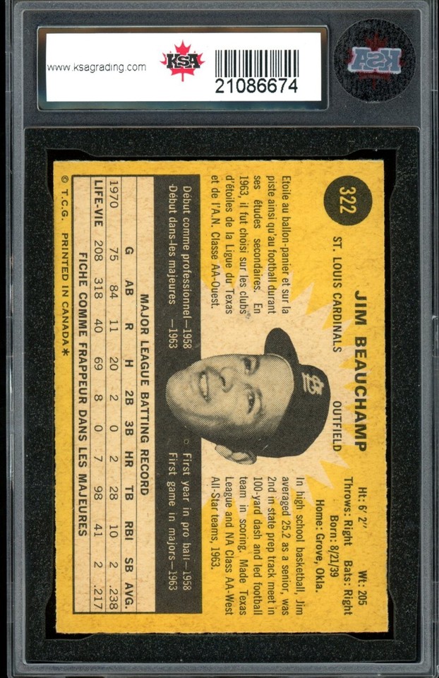 1971 TOPPS OPC O PEE CHEE BASEBALL #322 JIM BEAUCHAMP KSA 9 MINT ...