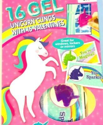 Unicorn Gel Clings 4 Designs 16 Friendship Valentines Cards Envelopes ...