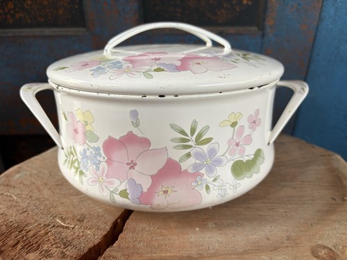 Vintage KOBE Cookware Enameled 8" Floral Metal Pot w/Lid made in Japan ...