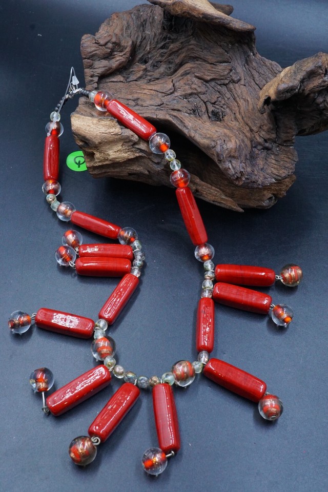 VTG Murano Venetian Red Tube Art Glass & Wedding Cake Bead Necklace 19 ...