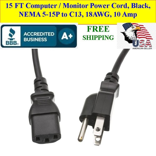 15 FT Computer / Monitor Power Cord, Black, NEMA 5-15P to C13, 18AWG ...