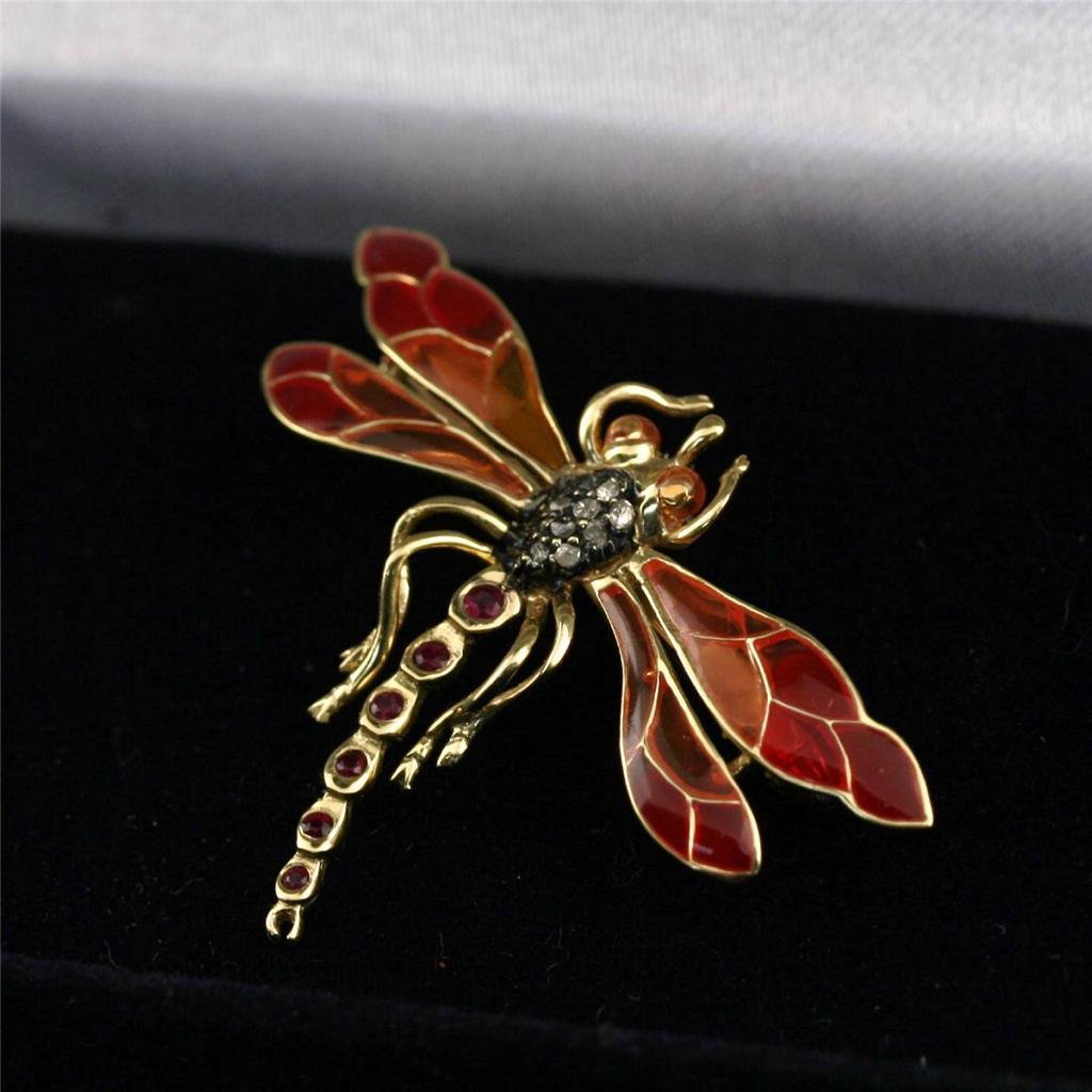 Exquisite 14K Yellow Gold Enamel Dragonfly Brooch with Genuine Diamonds ...