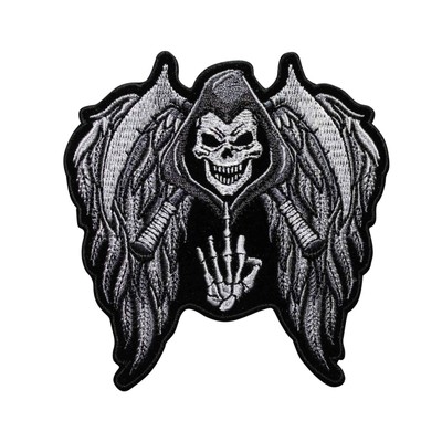 Reaper Skull Wings Middle Finger Embroidered Iron On Patch - Biker 021 ...