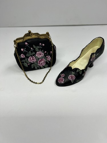 2 pc Miniature Shoe & Purse Set VTG Pump Handbag Black with Flowers ...