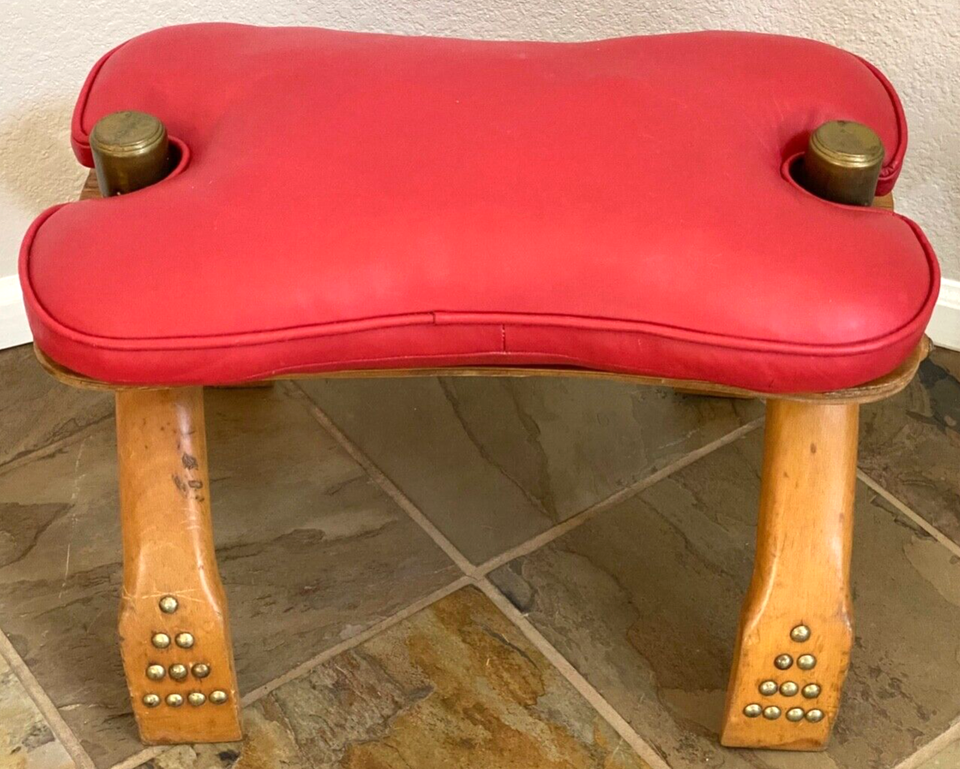 Vtg Camel Saddle Red Leather Top / Wood Foot Stool / Ottoman Egyptian ...