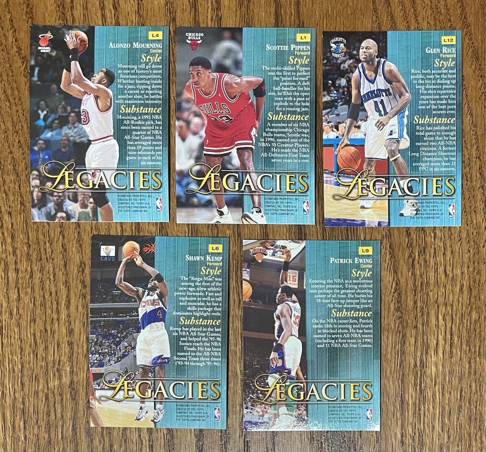 5 Topps 1999 LEGACIES Scottie Pippen Patrick Ewing Shawn Kemp Alonzo ...