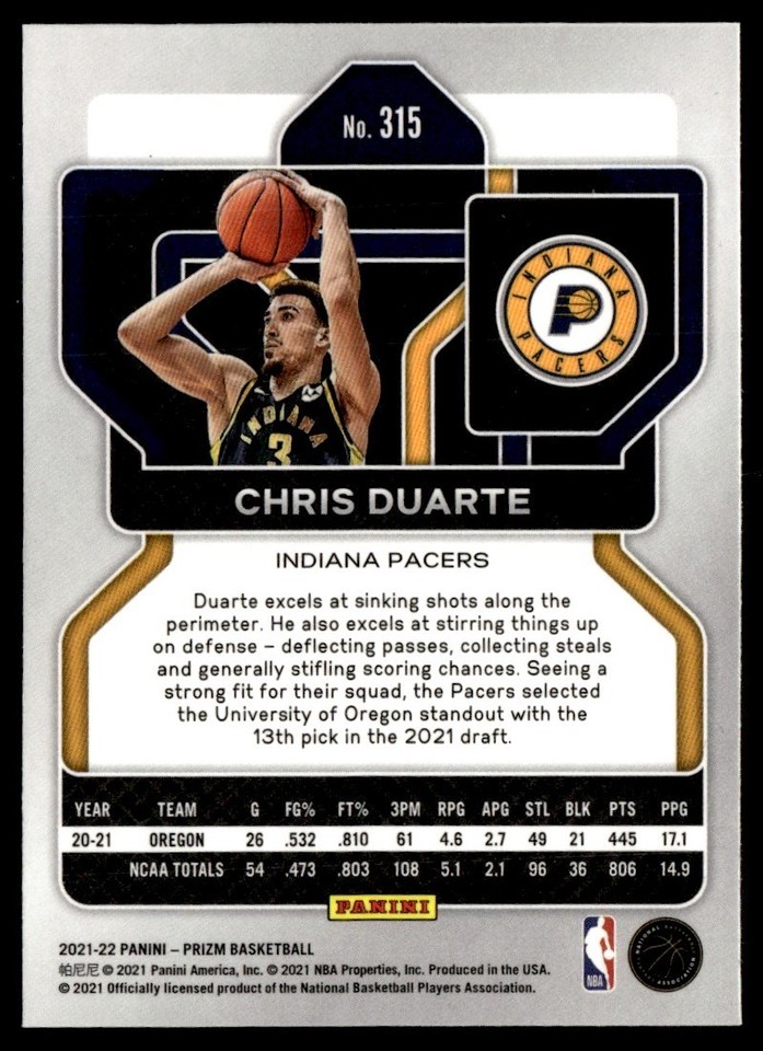 2021-22 Panini Prizm Chris Duarte Indiana Pacers #315 | eBay