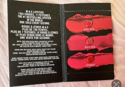 MAC Lipstick Sample Card Set Ruby Woo Cockney MAC Red Sealed Samples ...