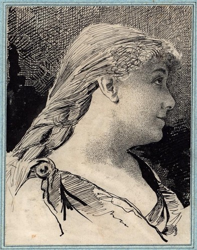 Pre-Raphaelite Style Portrait Of A Lady Antique Pen & Ink Drawing ...