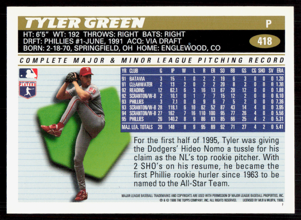 1996 Topps 418 Tyler Green Philadelphia Phillies | eBay