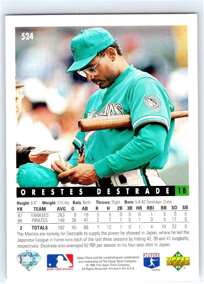 ORESTES DESTRADE 1993 Upper Deck First Season Florida Marlins Baseball ...