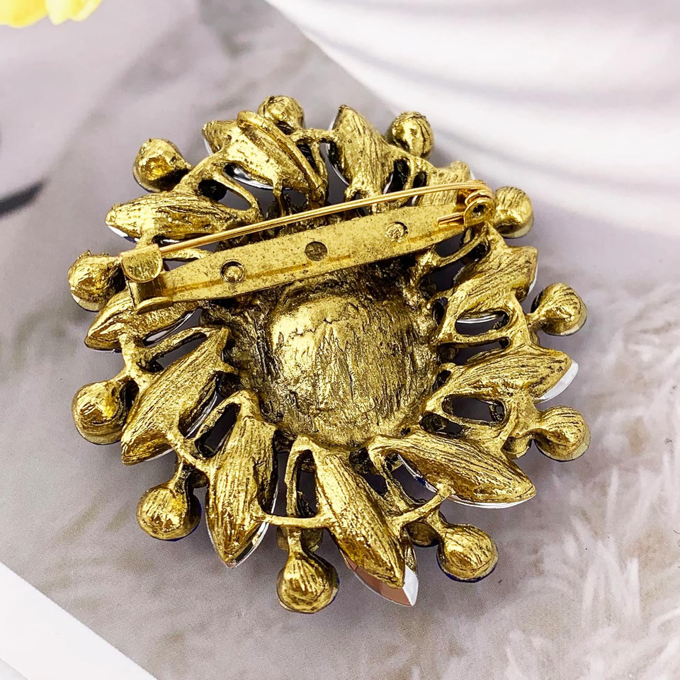 Flower Rhinestone Statement Brooch Pin Broach Antique Gold Tone | eBay