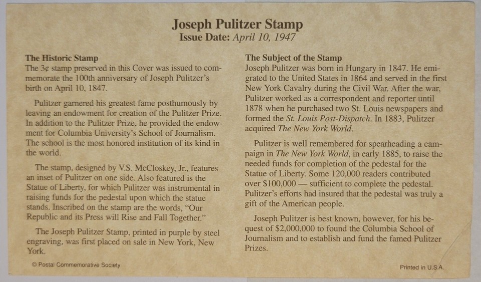 Joseph Pulitzer 1947 Stamp 3 cent, 100th anniversary | eBay