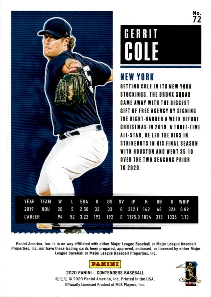 2020 Panini Contenders Gerrit Cole New York Yankees #72 | eBay