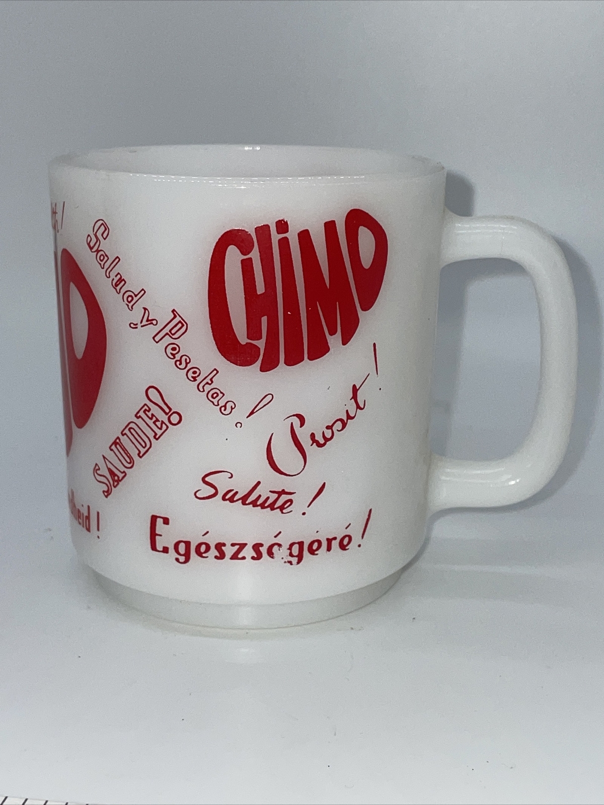 Vintage Milk Glass Coffee Cup Mug Lot Chimo Salud Red Print Good Health ...