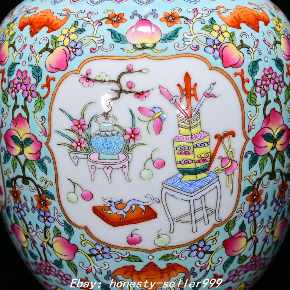 12.9" Qianlong Famille Rose Porcelain Gold Bat Peach Double Ears Bottle ...
