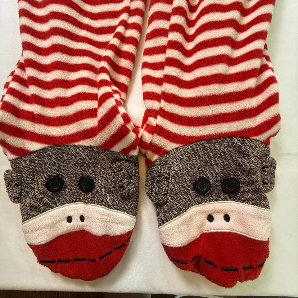 Nick & Nora Red White Sock Monkey Footie Pajamas One Piece Fleece Adult ...