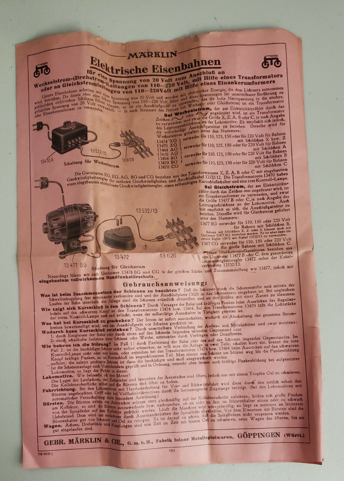 Marklin Prewar Instructions for 20 Volt 1930s Train Transformers ...