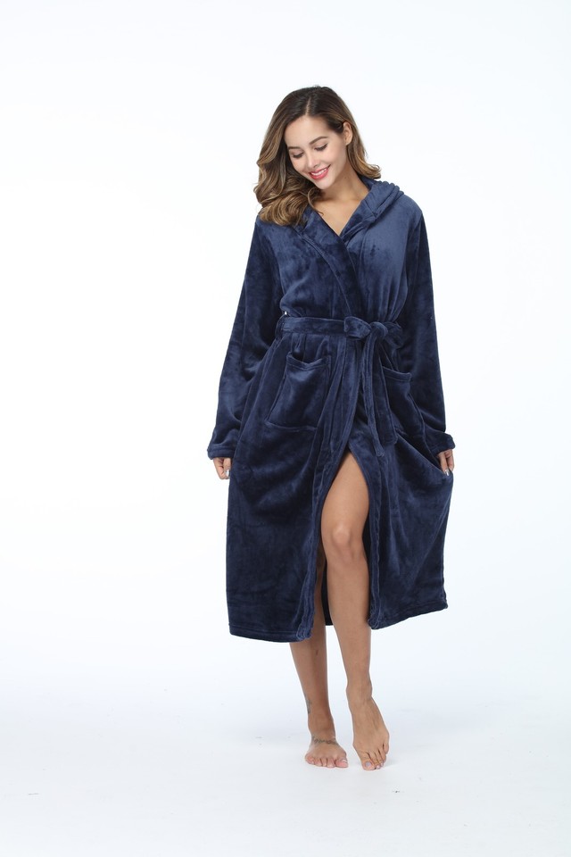 RONGTAI Womens Long Robes Plush Fleece Nightgown Thick Hooded Bathrobe ...