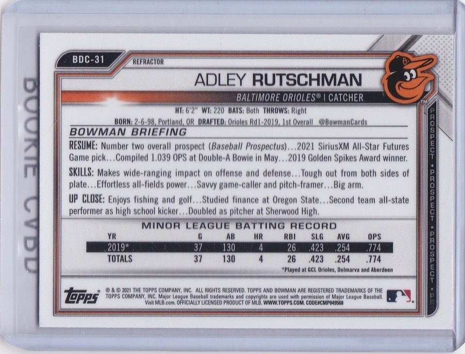 ADLEY RUTSCHMAN ROOKIE CARD 2021 Bowman Chrome Prospects RARE REFRACTOR ...