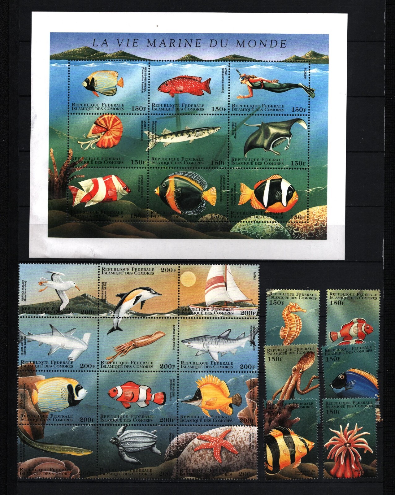 COMOROS 1998 FISH & MARINE LIFE SET OF 6 STAMPS & 2 SHEETS OF 9 & 12 ...