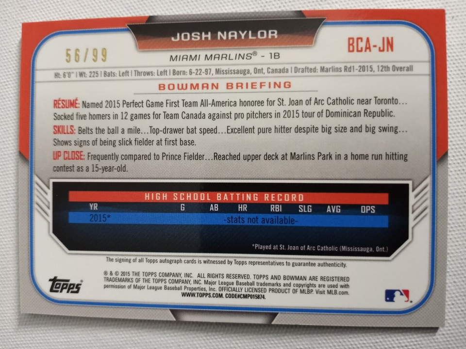 Josh Naylor 2015 Bowman Chrome Green Refractor Autograph Rookie /99 RC ...