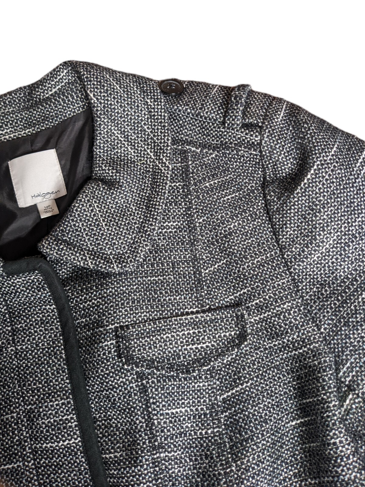 14P Black White Tweed Fitted Blazer 3/4 Sleeve Contra… - Gem