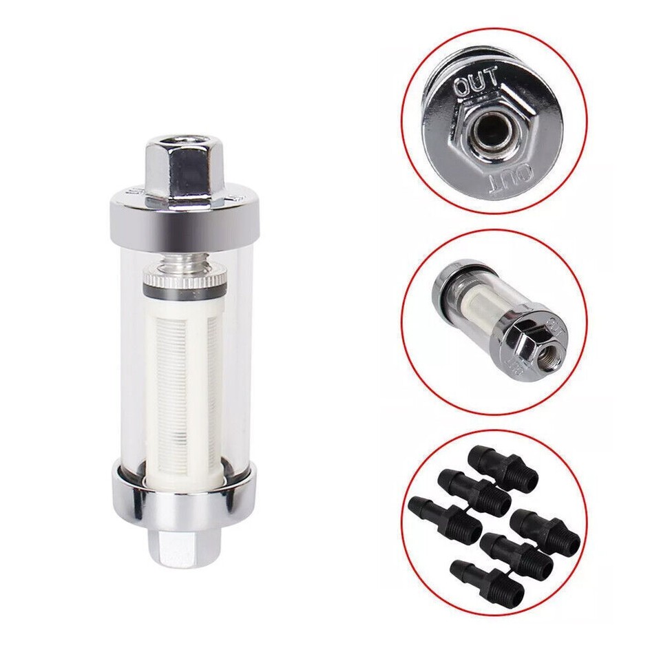 1/4" 5/16" 3/8" Chrome Gas Glass Reusable Washable Inline Fuel Filter ...