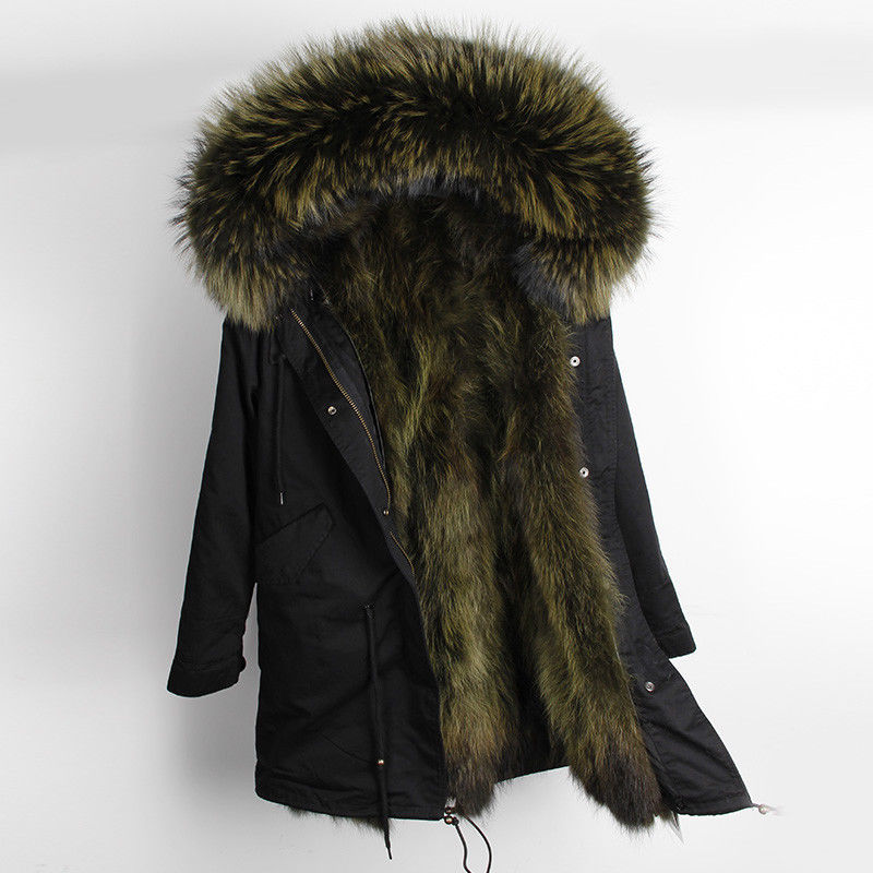 Winter Women's Real Raccoon Fur Coats Collar Long Hooded Parka Overcoat ...
