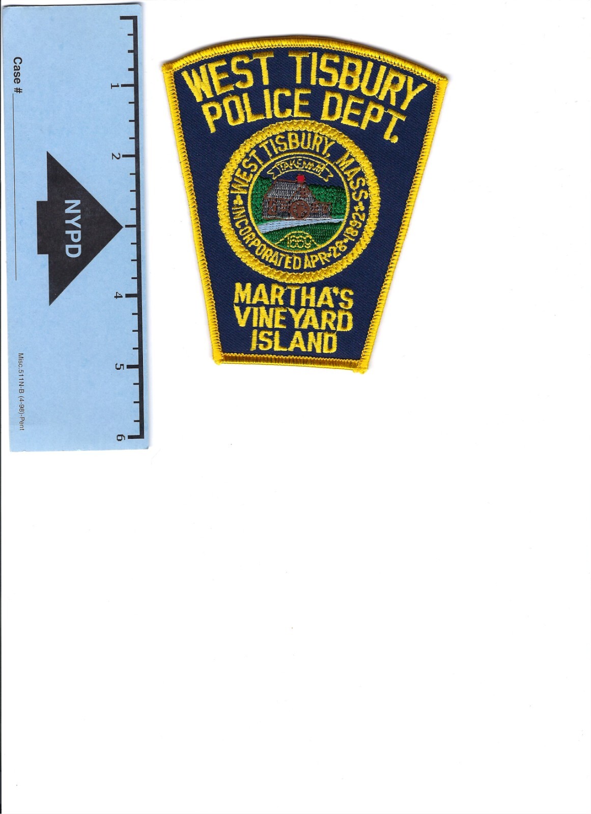 WEST TISBURY MASSACHUSETTS POLICE PATCH- MARTHA'S VINYARD ISLAND- WATER ...