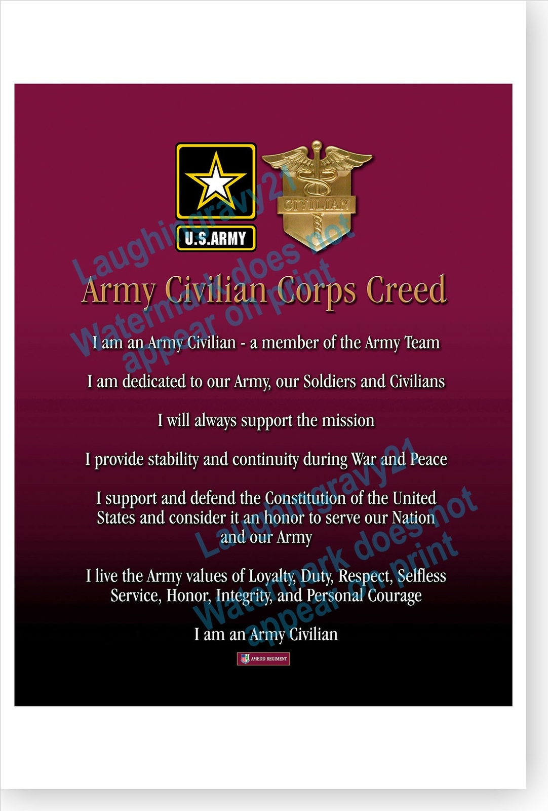 US Army Medical Department Regiment AMEDD Civilian Corps Creed Poster ...