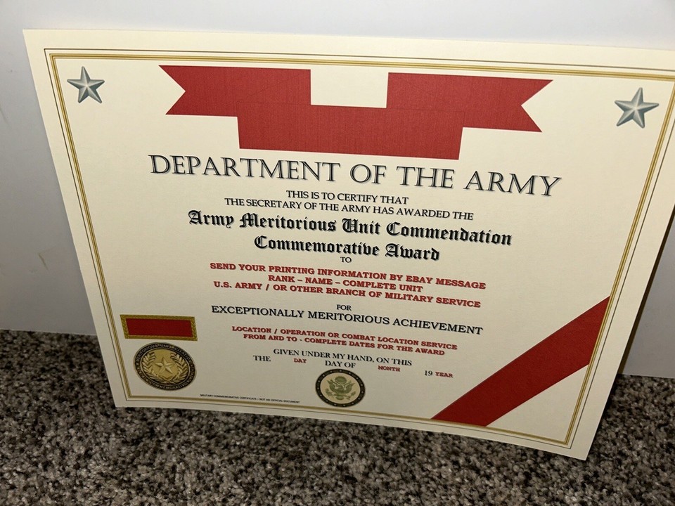 ARMY MERITORIOUS UNIT COMMENDATION COMMEMORATIVE CERTIFICATE ~ T-2 / W ...