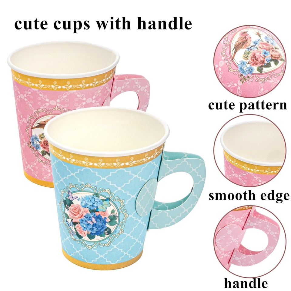 204 Pcs Floral Tea Cups and Saucers Set, Disposable Paper Tea Cup with ...