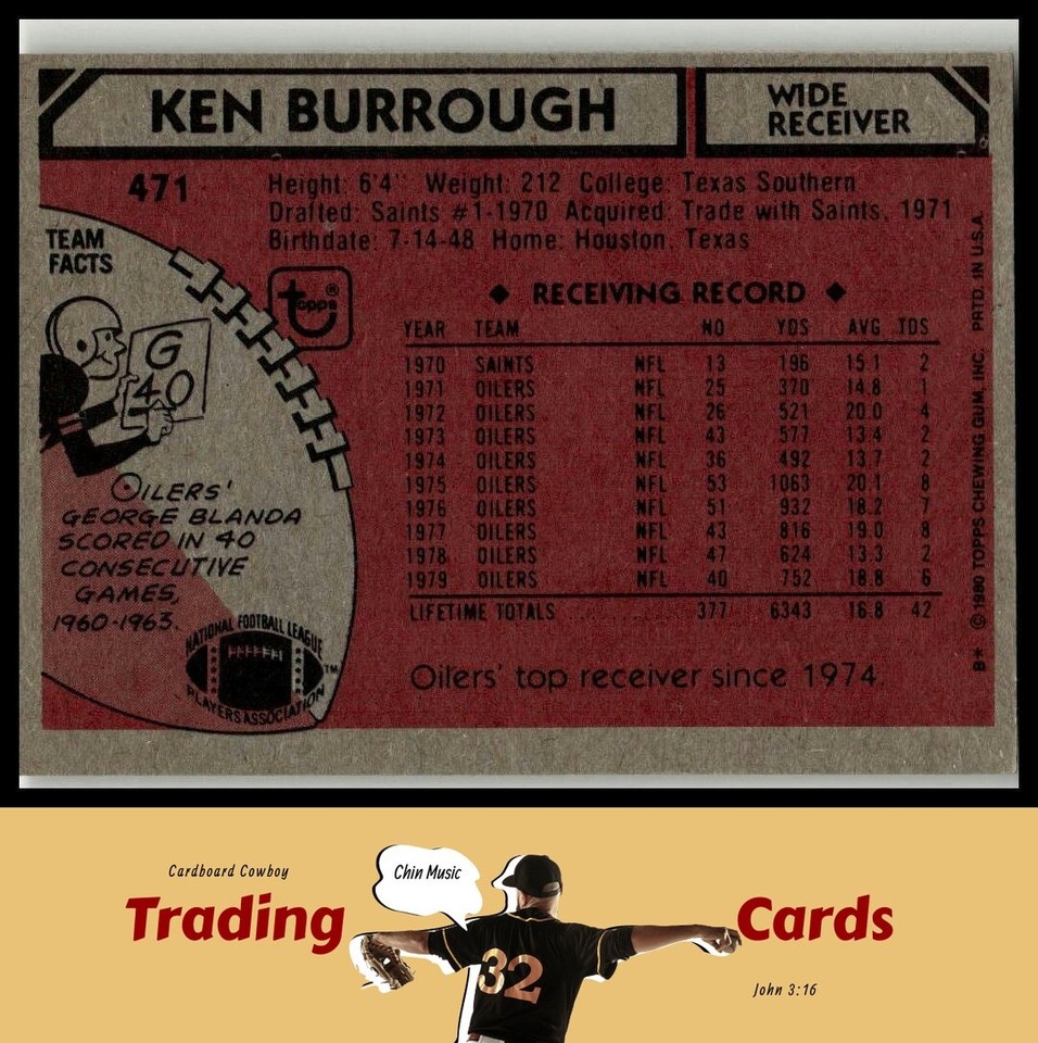 1980 Topps #471 Ken Burrough Houston Oilers Football Card EX/NM | eBay