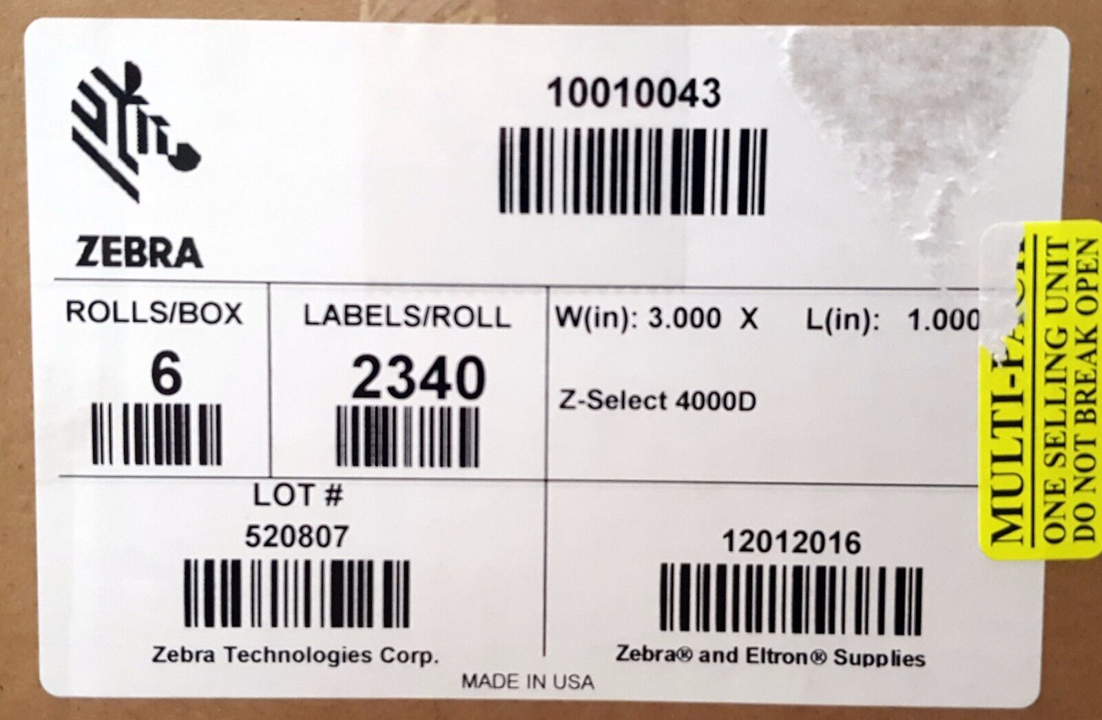 Zebra 10010043 3"x1" Direct Thermal Label Paper Z-Select 4000D 2340 ...