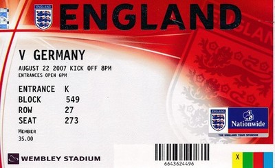 TICKET: ENGLAND v Germany (Friendly) 2007 - EXCELLENT | eBay UK