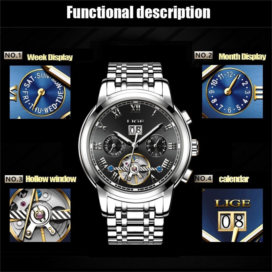 Luxury Men Watch Automatic Mechanical Date Week Month Luminous Dial ...