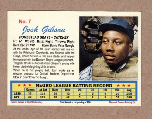 Josh Gibson Homestead Grays rookie season, MC 20th Century series #7 ...