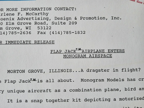 1989 Monogram Toy Fair PRESS RELEASE New Motorized Flap Jack Airplane ...