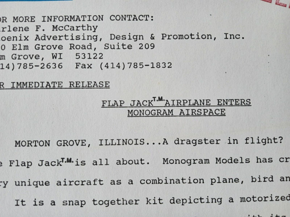 1989 Monogram Toy Fair PRESS RELEASE New Motorized Flap Jack Airplane ...