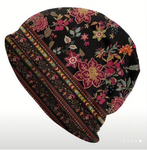 Beanie Cap Skully Vintage Boho Floral Design Reversible Soft Stretch ...
